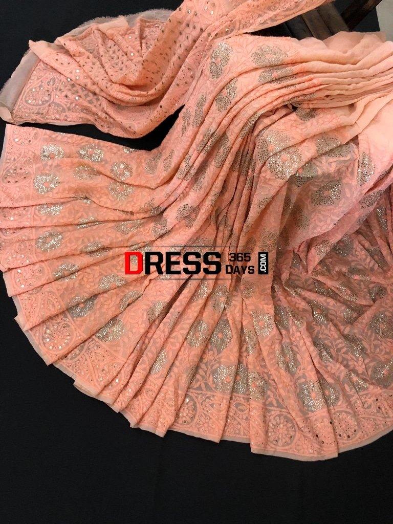 Peach Hand Embroidered Kamdani Chikankari Saree – Dress365days