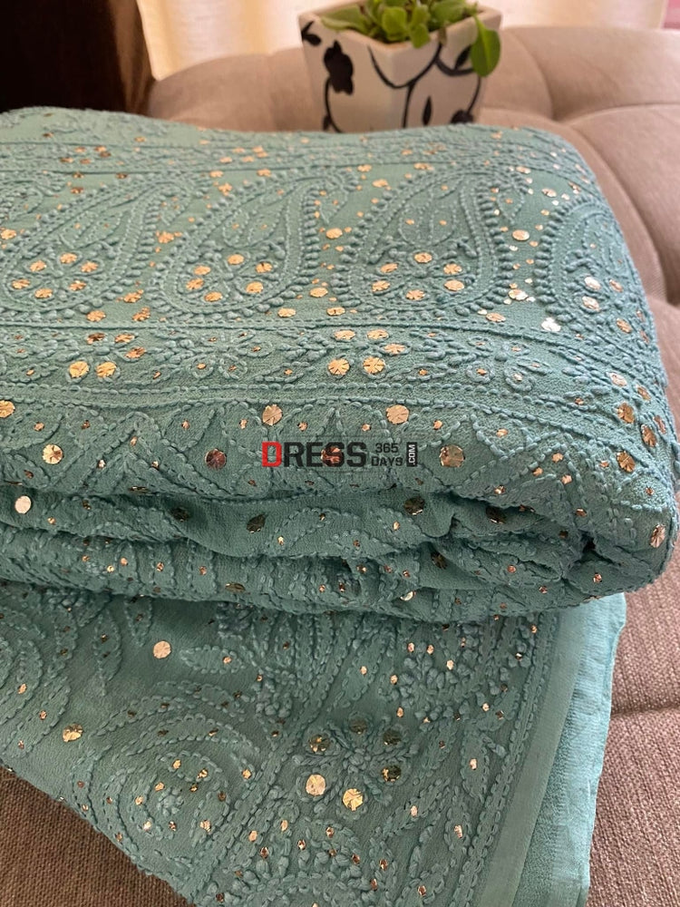 Sage Green Chikankari & Mukaish Saree – Dress365days