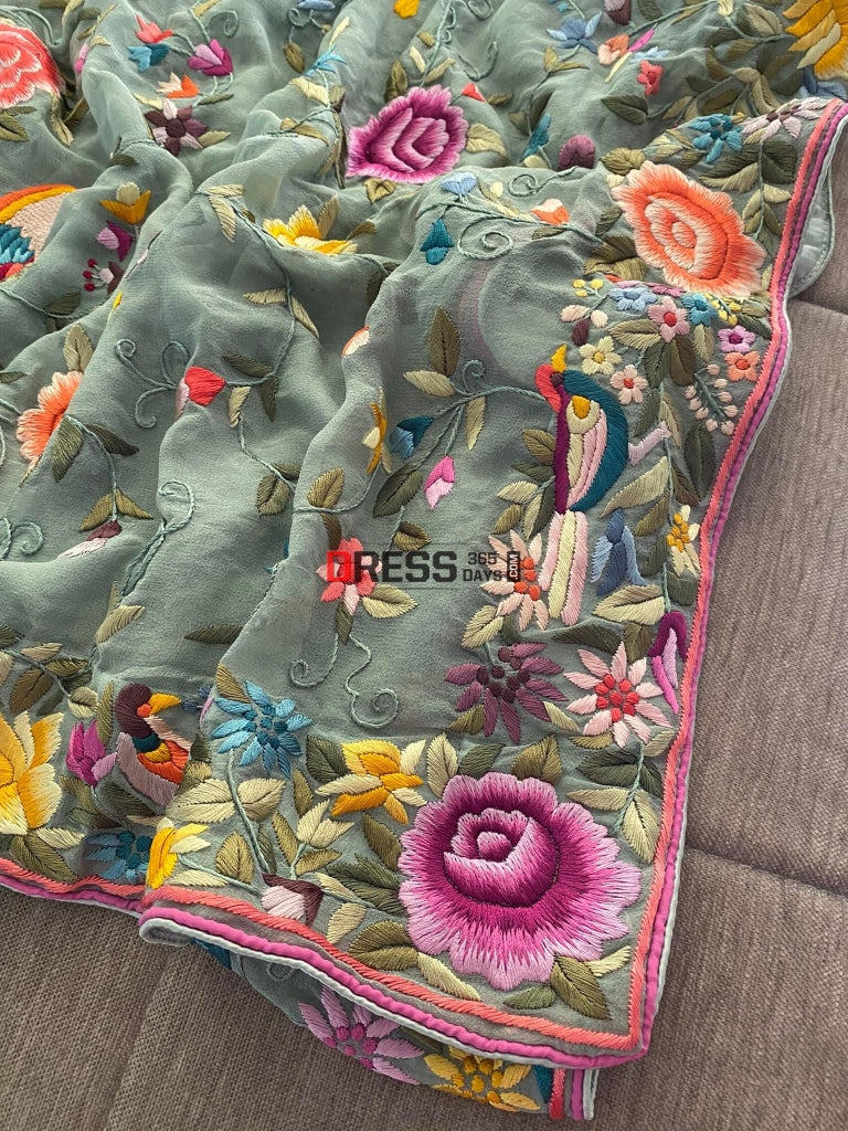Pre Order Fine Embroidery Sage Green Parsi Gara Saree – Dress365days