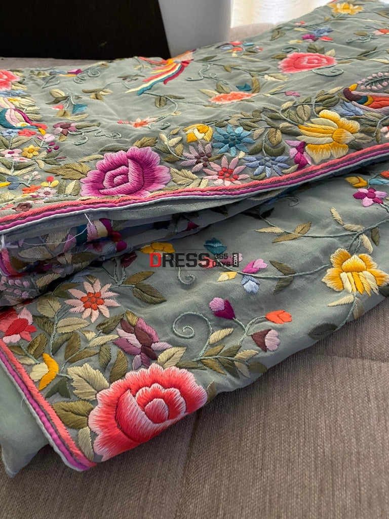 Pre Order Fine Embroidery Sage Green Parsi Gara Saree – Dress365days