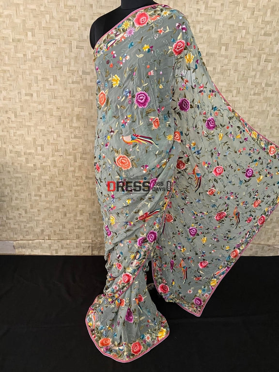 Pre Order Fine Embroidery Sage Green Parsi Gara Saree – Dress365days