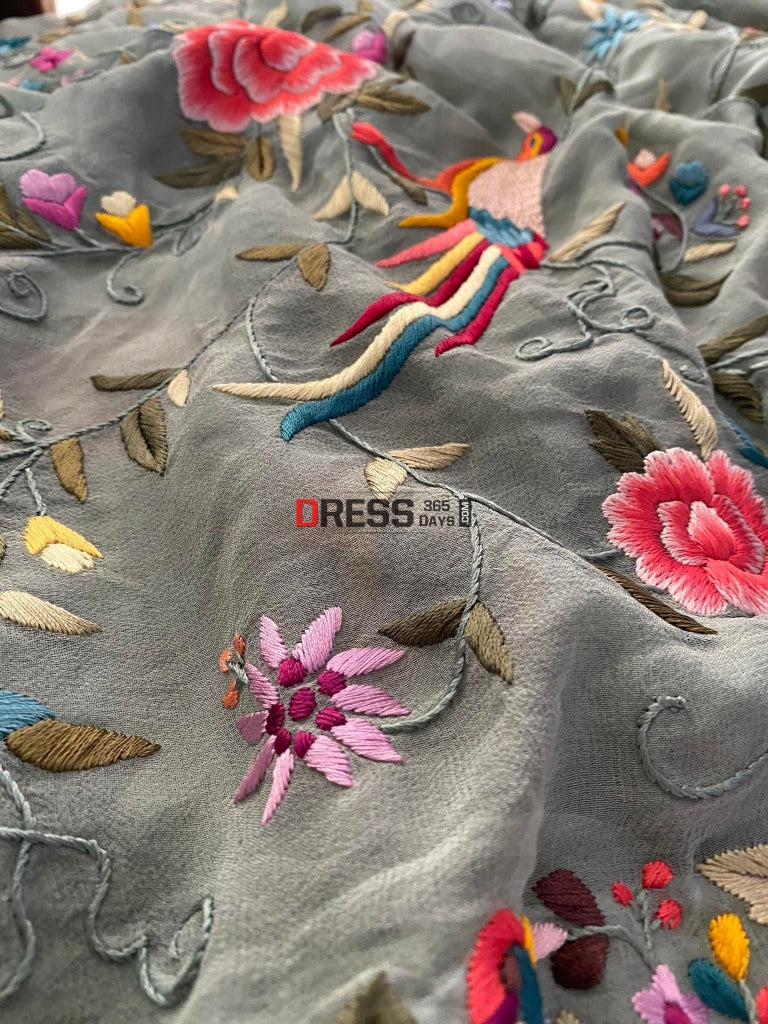 Pre Order Fine Embroidery Sage Green Parsi Gara Saree – Dress365days