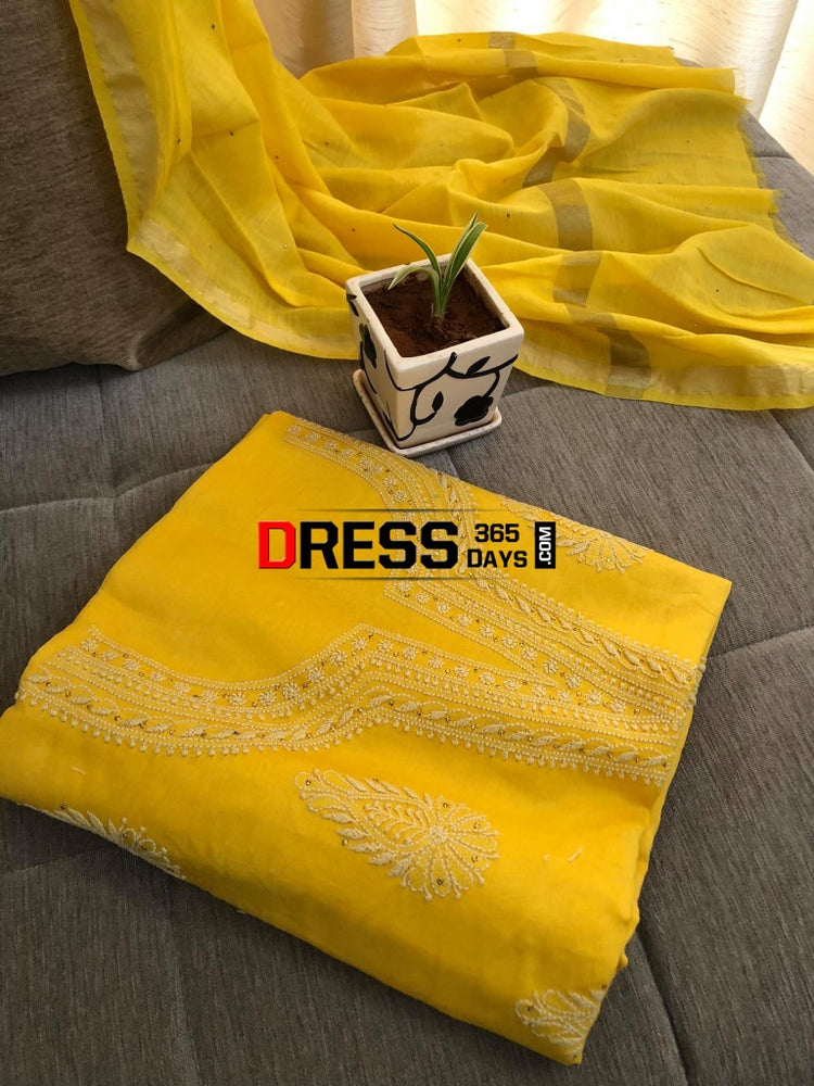Yellow Chanderi Cotton Kamdani Suit – Dress365days